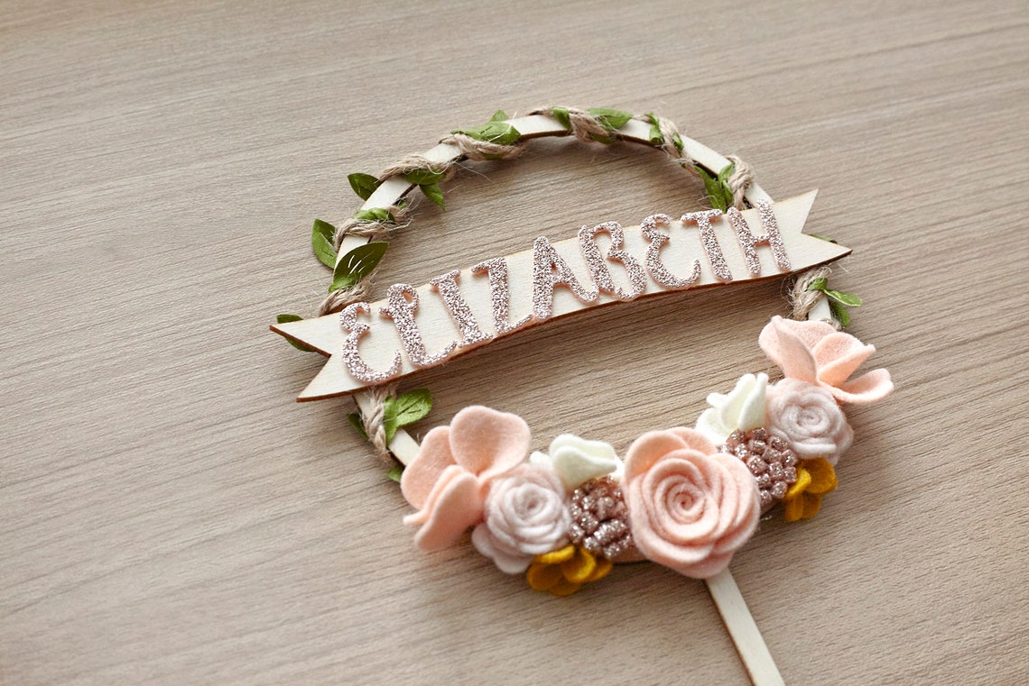 Customise Name CAKE TOPPER - Floral Felt Cake Topper - Flower Cake ...