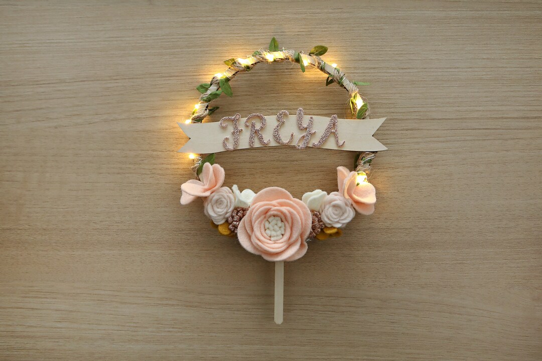 Customise Name Light CAKE TOPPER - Light Floral Felt Cake Topper ...
