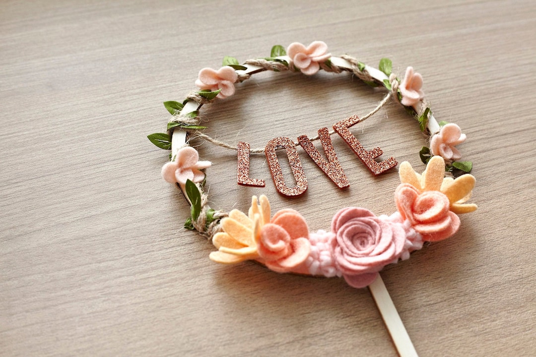 Love CAKE TOPPER - Pink Floral Felt Cake Topper - Flower Cake Topper ...