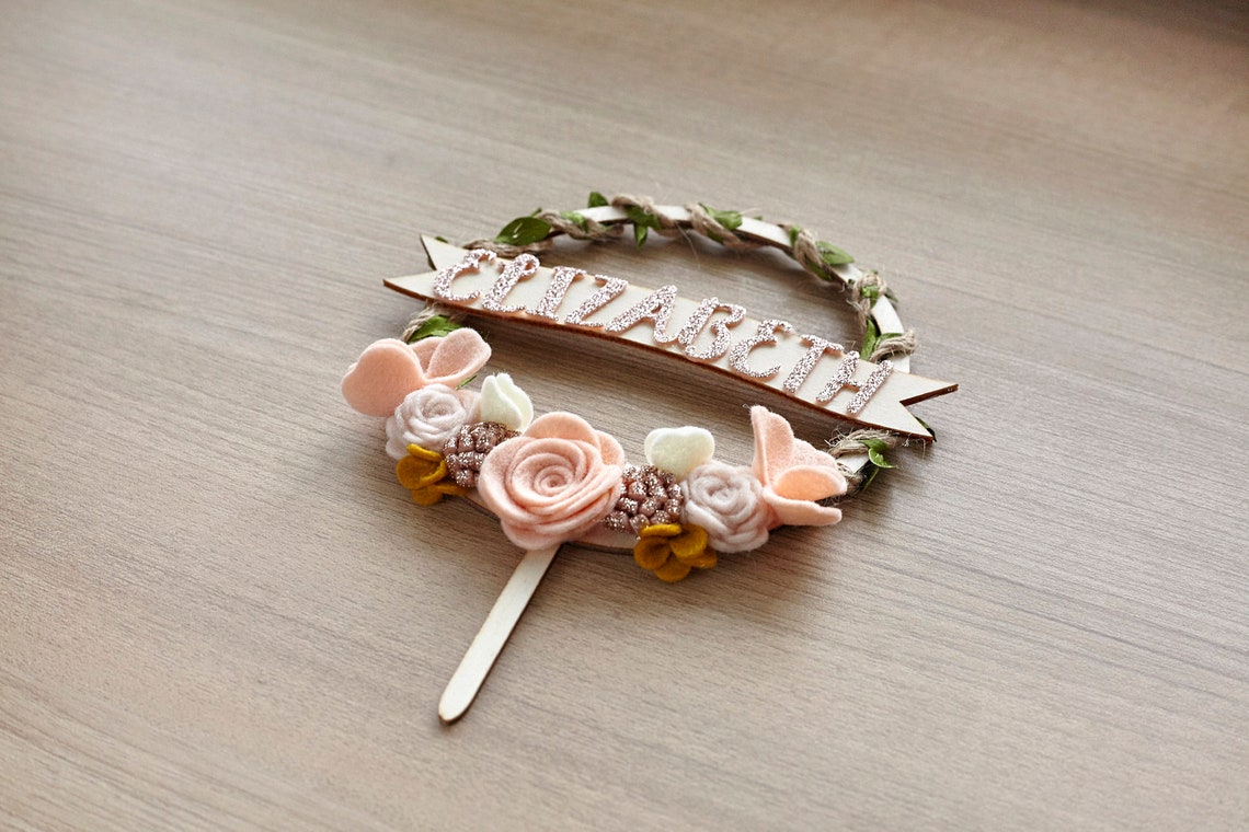 Customise Name CAKE TOPPER Floral Felt Cake Topper Flower | Etsy