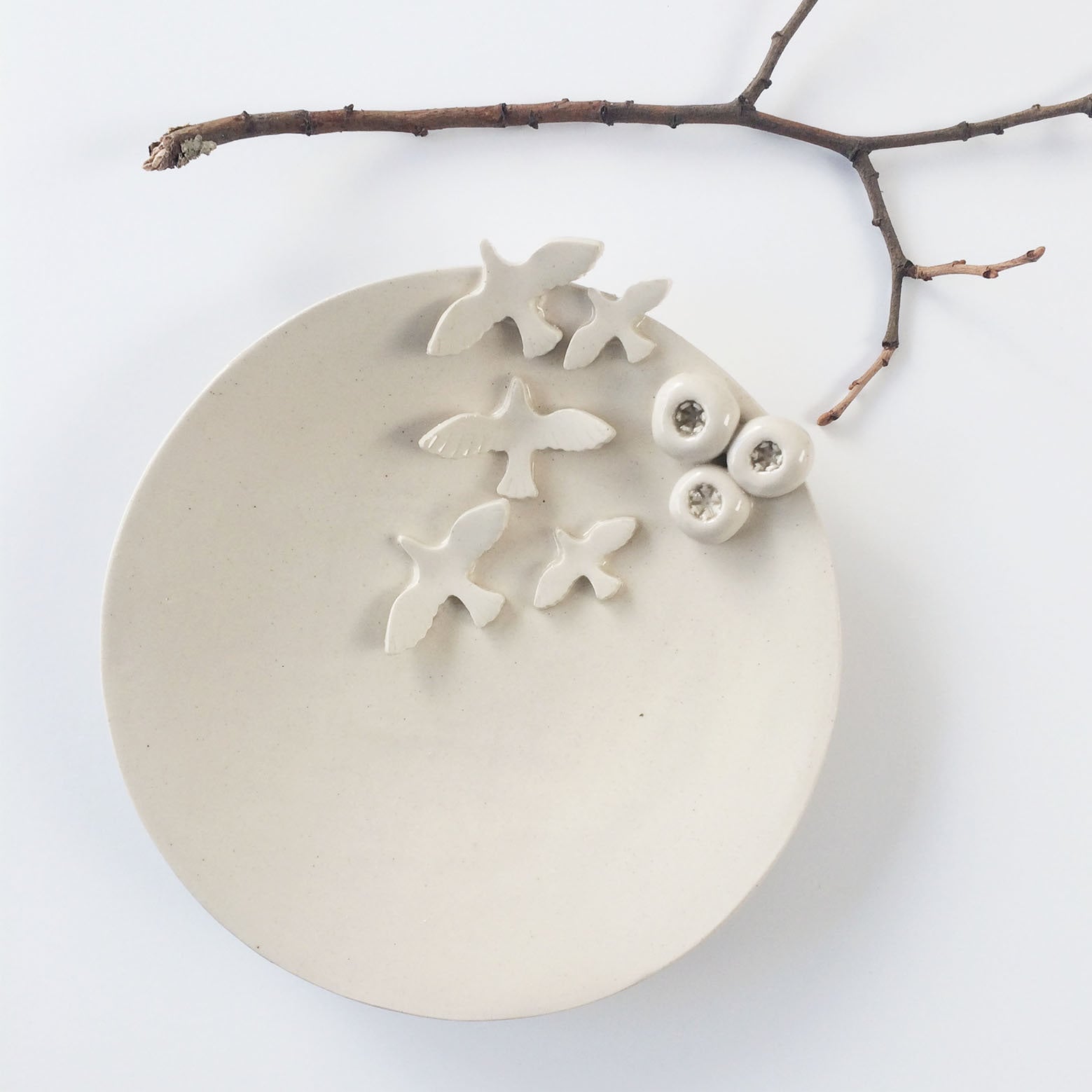 Decorative ceramic plate birds and nests - white stoneware jewelry dish ...