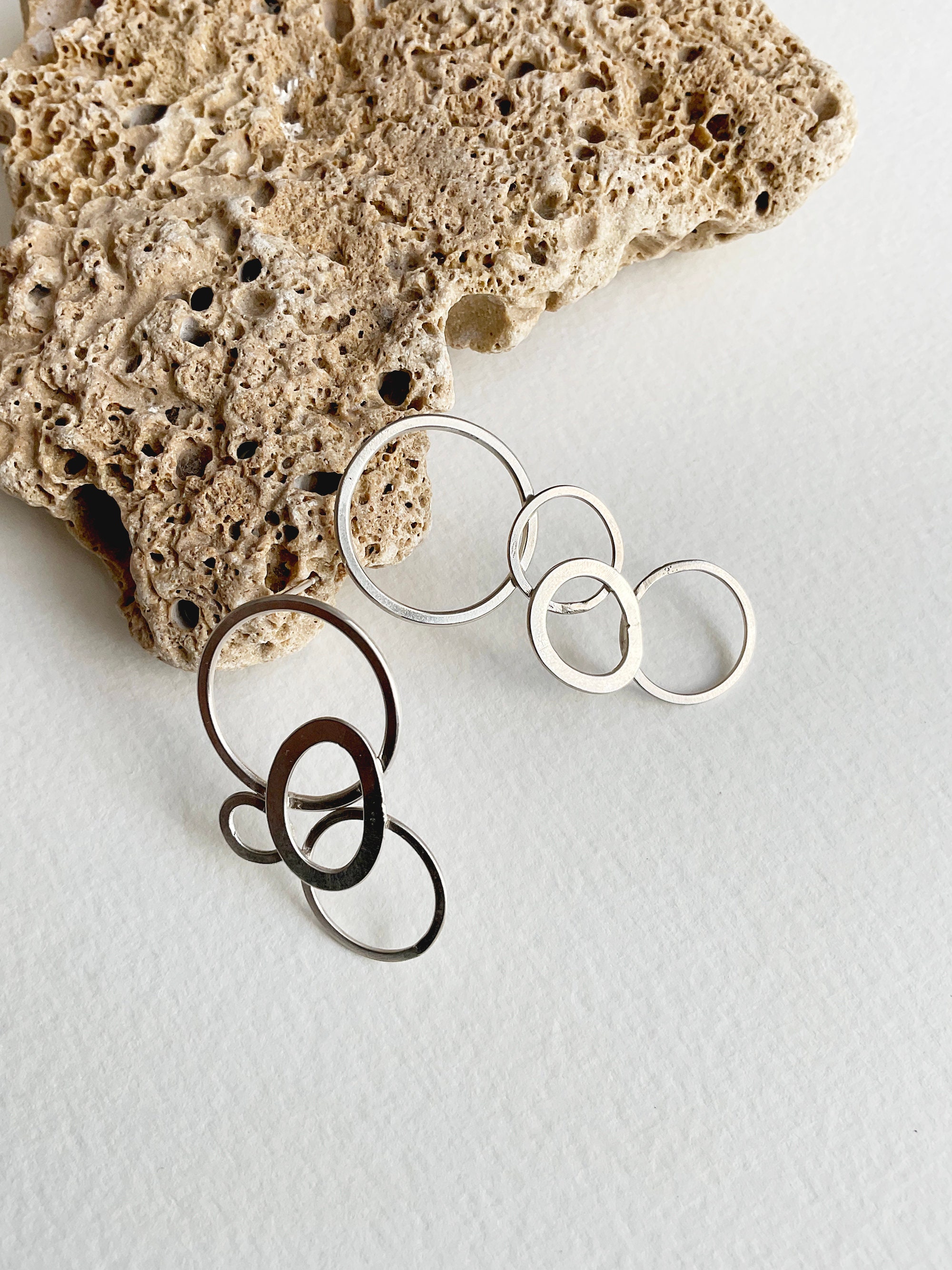 Mismatched circle earrings, modern geometric silver earrings