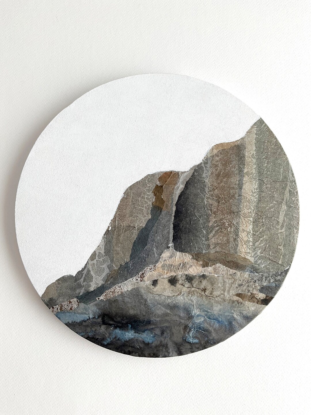 Original Mixed Media and Collage Art, Landscape, Cliff, Round Canvas ...