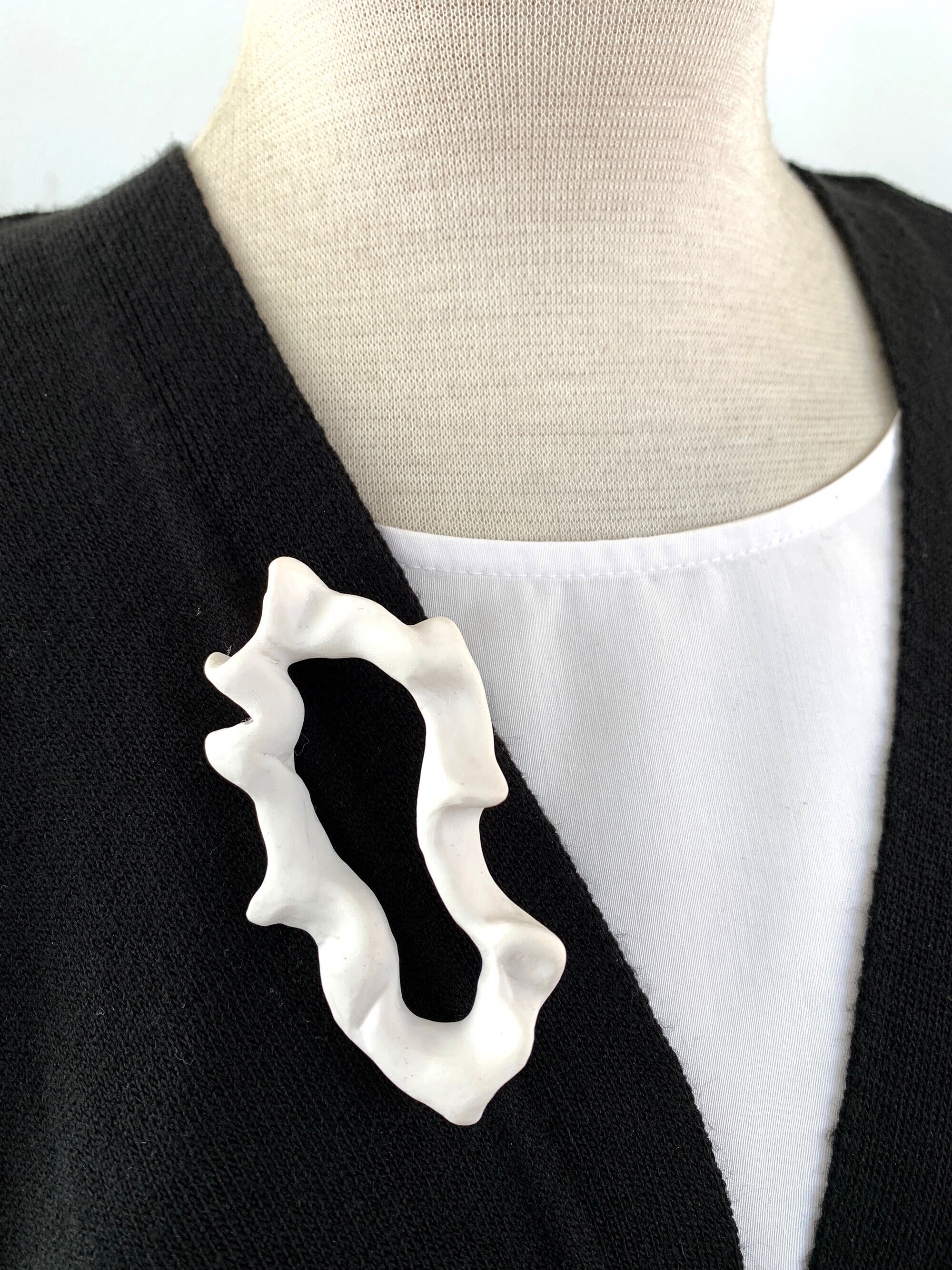Modern organic and abstract brooch, statement white polymer clay brooch ...