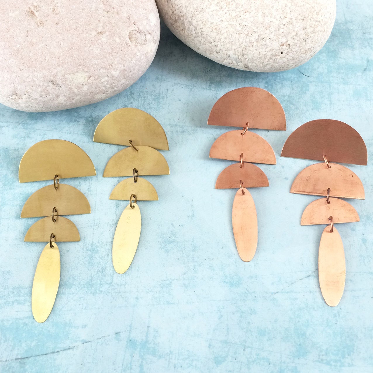 Boho geometric earrings - half moon brass earrings - long stud earrings ...