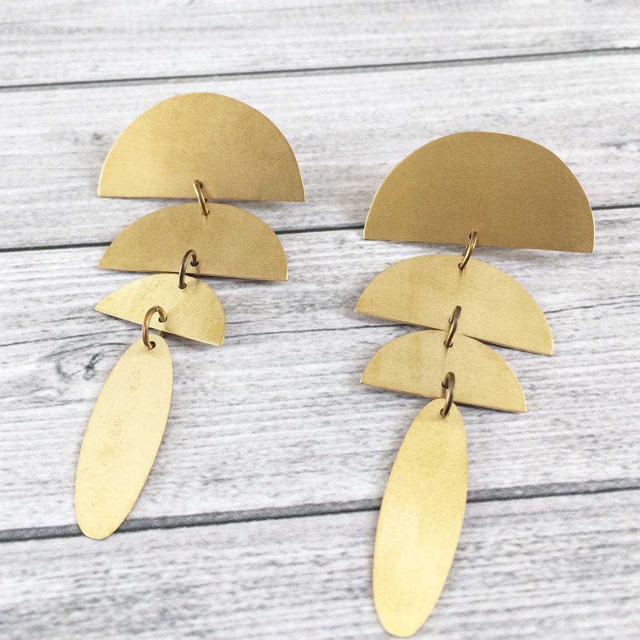 Boho geometric earrings - half moon brass earrings - long stud earrings ...