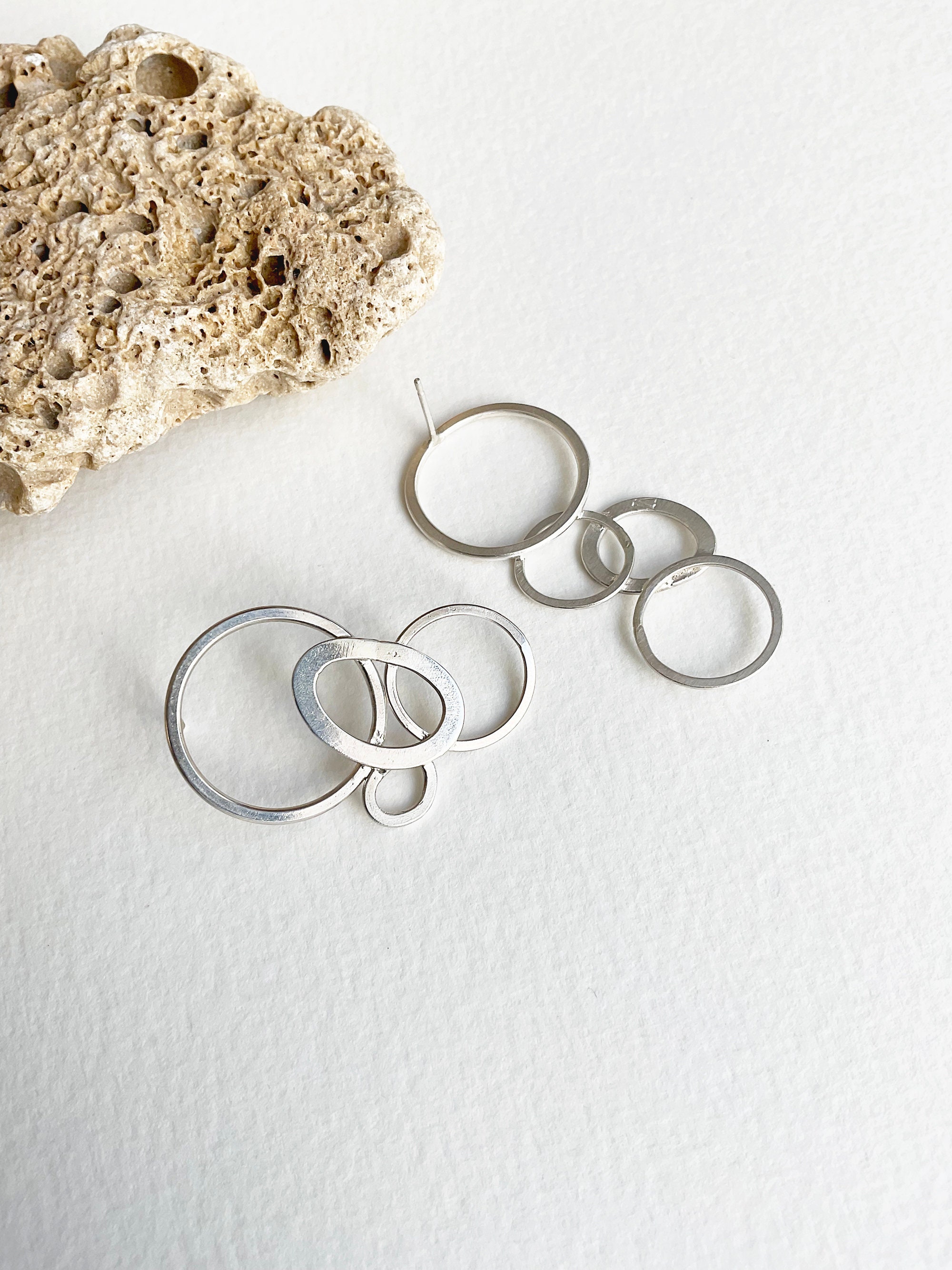 Mismatched circle earrings, modern geometric silver earrings