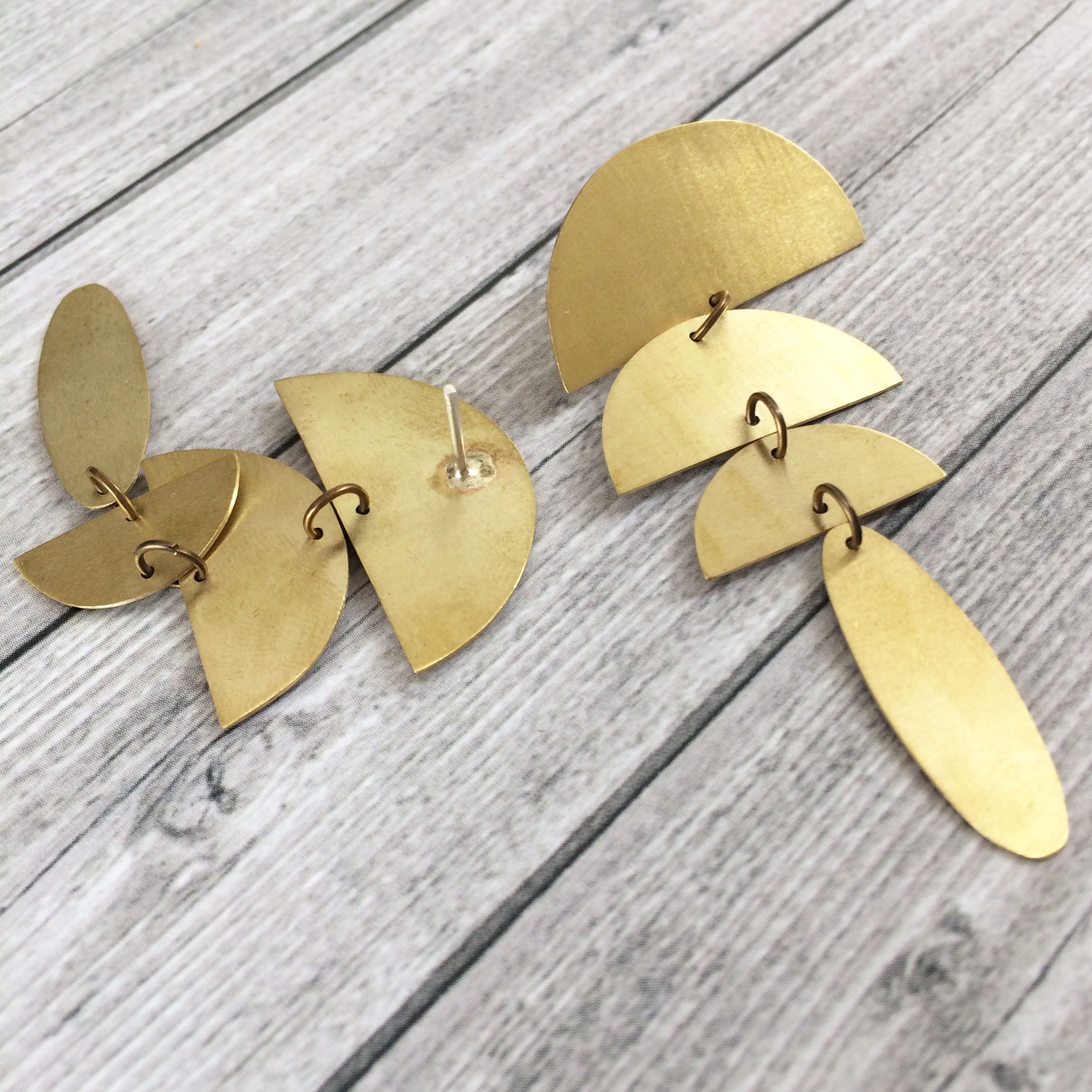 Boho geometric earrings - half moon brass earrings - long stud earrings ...