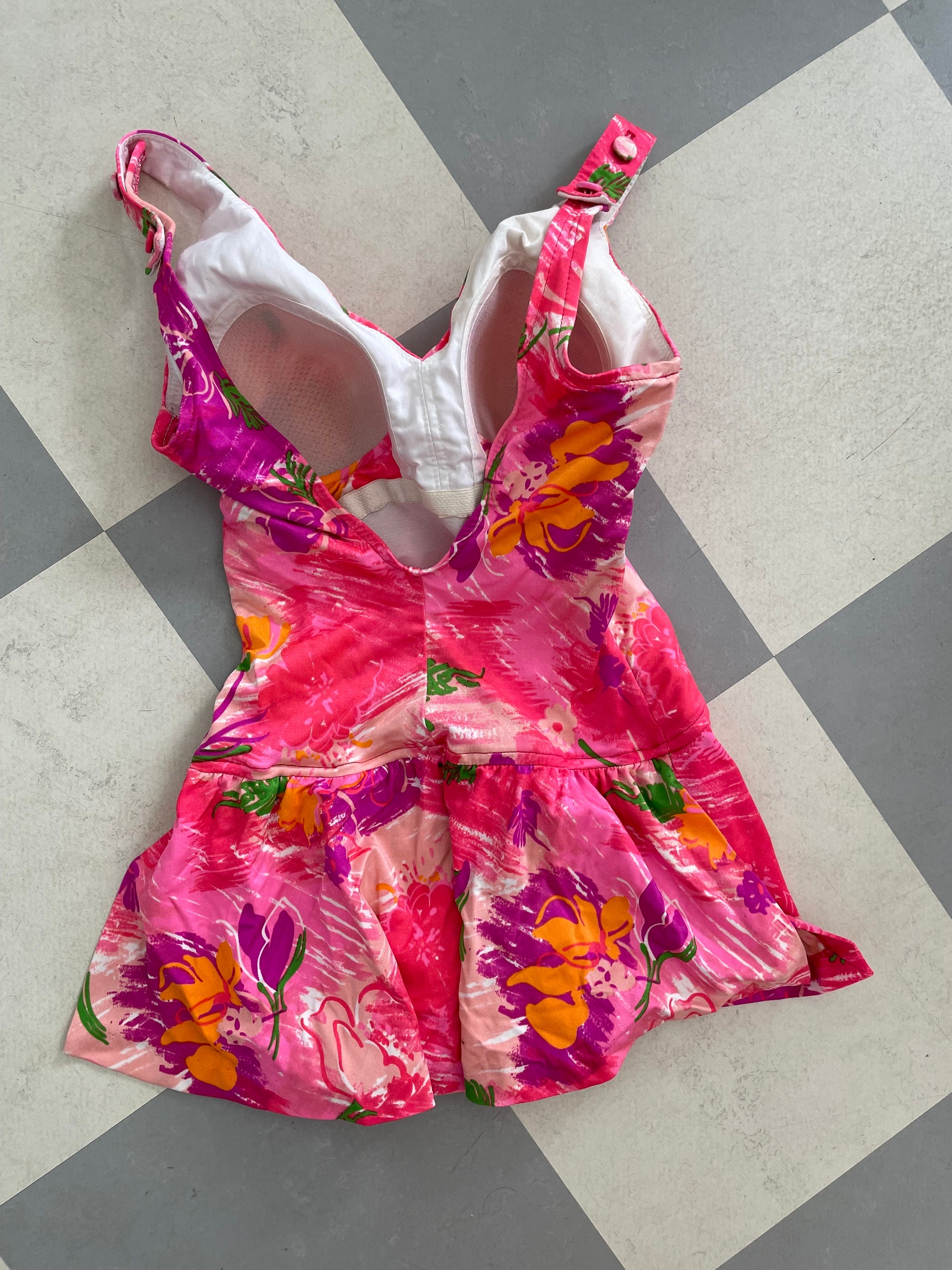 Retro Swimsuit With Neon Pink Flowers and Golden Chains / Medium / 1980 ...