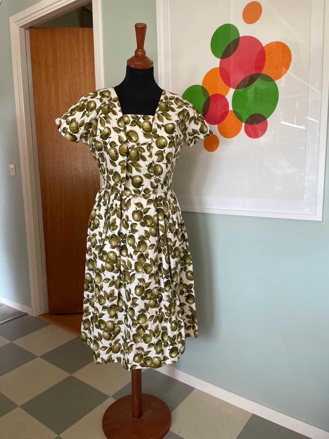 1950s Vintage Cotton Dress With Bolero: Green Apple Print, Made in ...