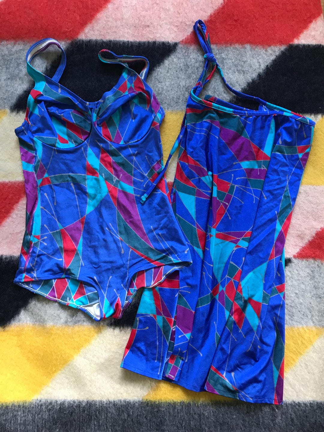 Vintage Bathing Suit and Skirt / Size Medium Swimsuit / 1970's Blue ...