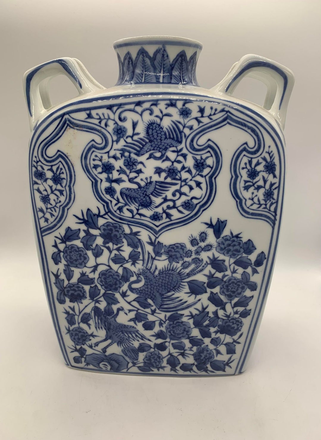 Vintage Chinese Blue and White Hand Painted Ceramic Water Jug Vase With ...