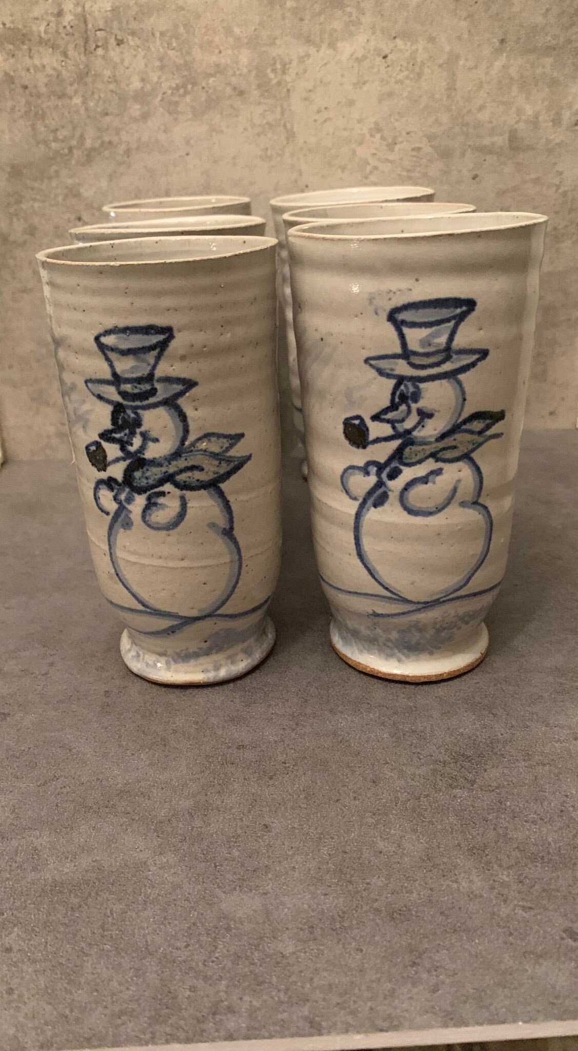Vintage Salt Glaze Pottery 6 Large Tumbler Set With Snowmen Signed by ...