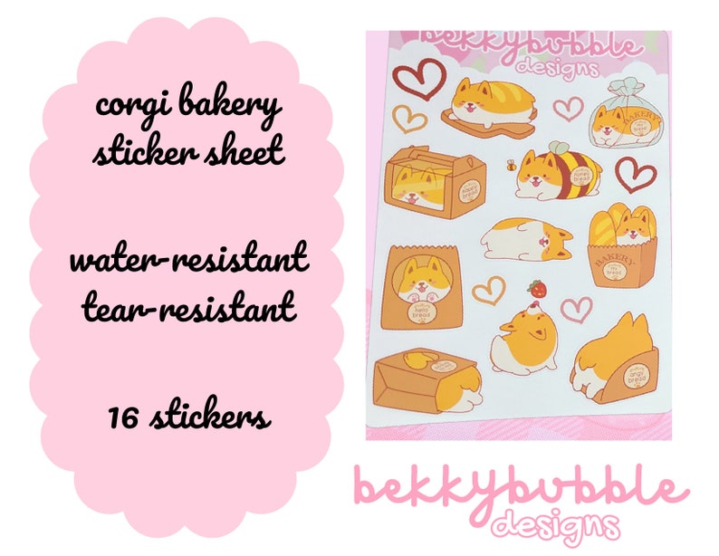 Corgi Bakery Sticker Sheet: Kawaii Puppy Stickers (16 Stickers ...