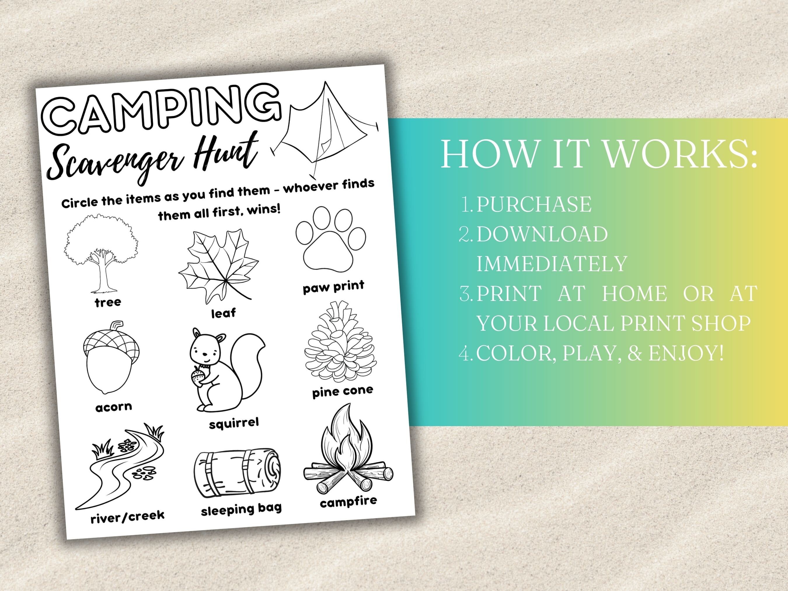 Camping Scavenger Hunt | Printable Coloring Page | Kids Scavenger Hunt ...