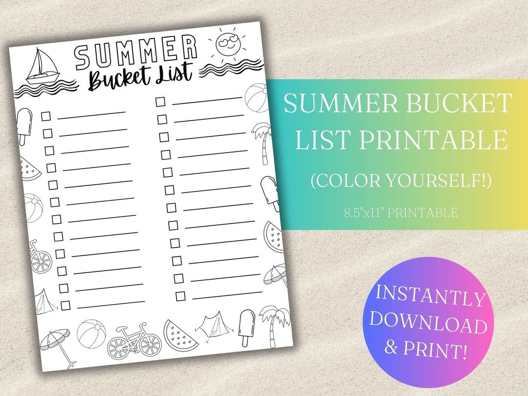Printable Summer Bucket List | Kids Summer List | Summer Coloring Sheet ...