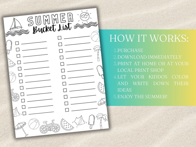 Printable Summer Bucket List | Kids Summer List | Summer Coloring Sheet ...