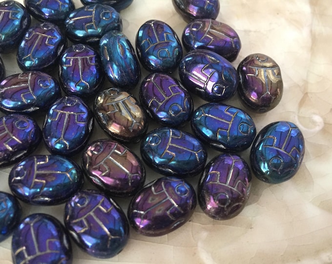 Czech Glass Scarab Beads - Dark Blue Iris - Beetle, Bug, Insect Bead ...