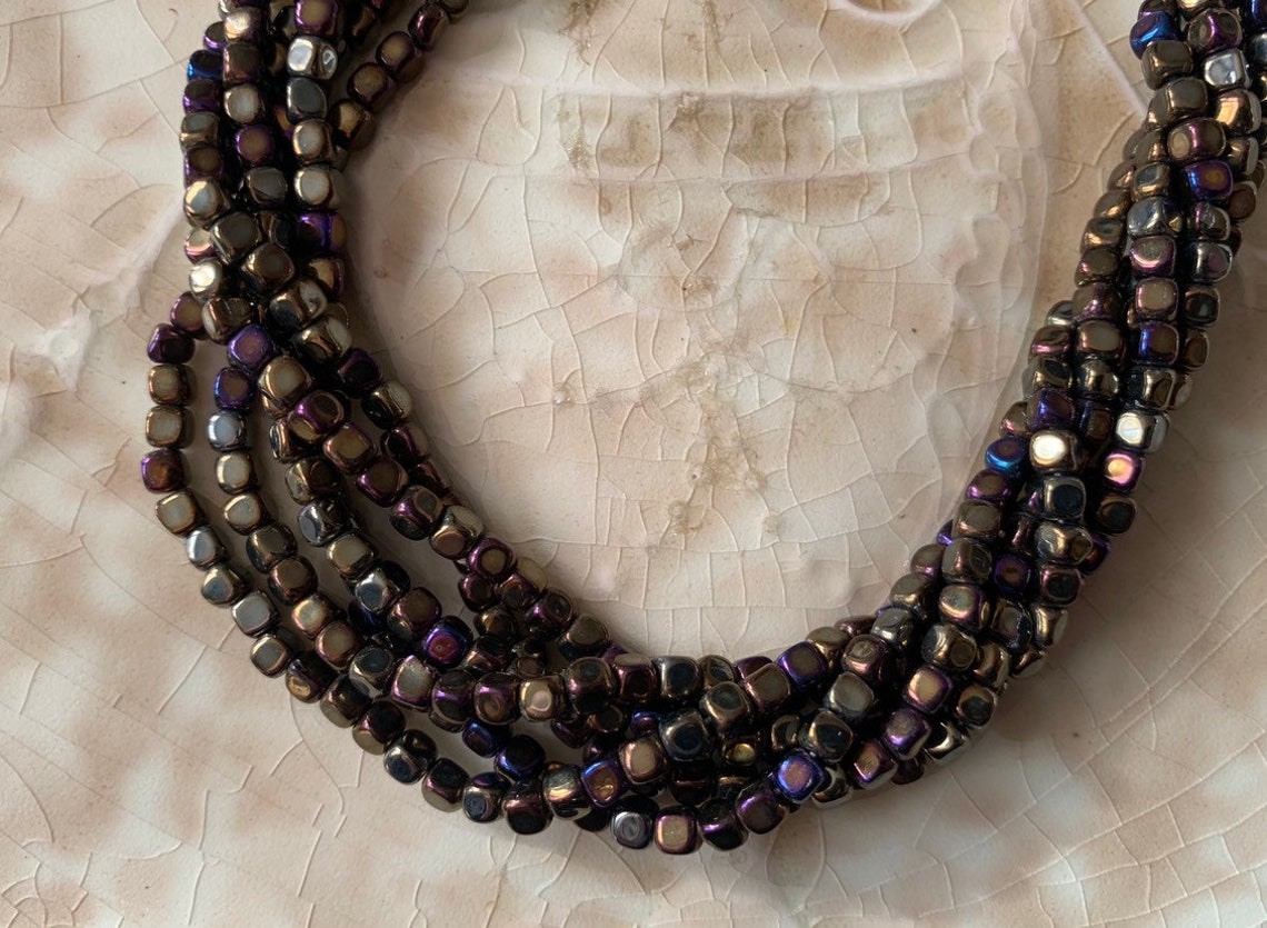 Small Glass Cube Beads - 4mm Bronze Iris Square Beads - Czech Glass ...