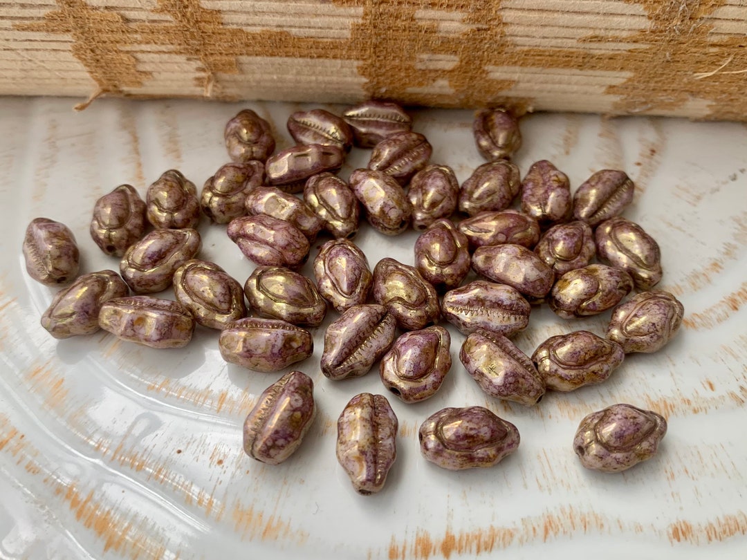 Czech Glass Cowrie Shell Beads - Pink Seashell Beads - Dark Pink With ...