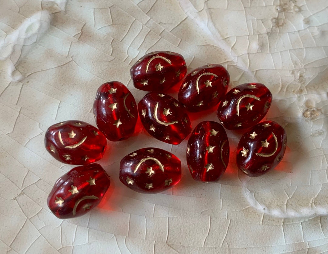 Celestial Moon and Star Glass Beads - Red With Gold Details - Oval ...