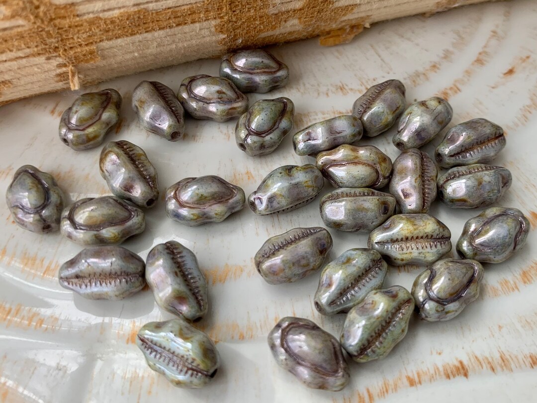 Cowrie Shell Beads Czech Glass Seashell Beads Sage Green, Gray, Picasso ...