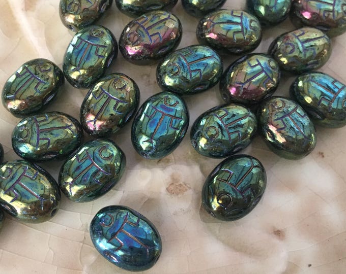 Czech Glass Scarab Beads, Metallic Green Iris, Beetle, Bug, Insect Bead ...