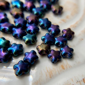 Small Czech Glass Star Beads - Blue Iris Star Beads - 6mm Flat Star ...