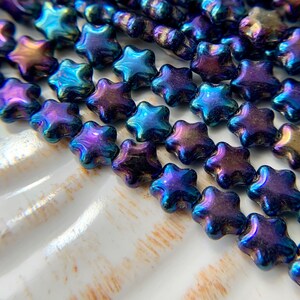 Small Czech Glass Star Beads - Blue Iris Star Beads - 6mm Flat Star ...