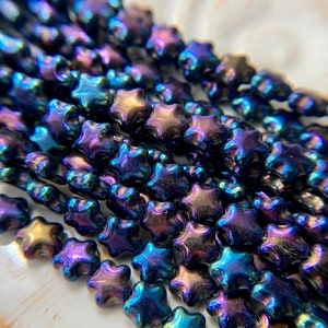 Small Czech Glass Star Beads - Blue Iris Star Beads - 6mm Flat Star ...