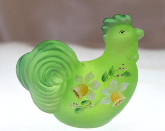 Fenton Glass Key Lime Satin HP Daffodil *QVC* Curly Q Jaunty Rooster # ...