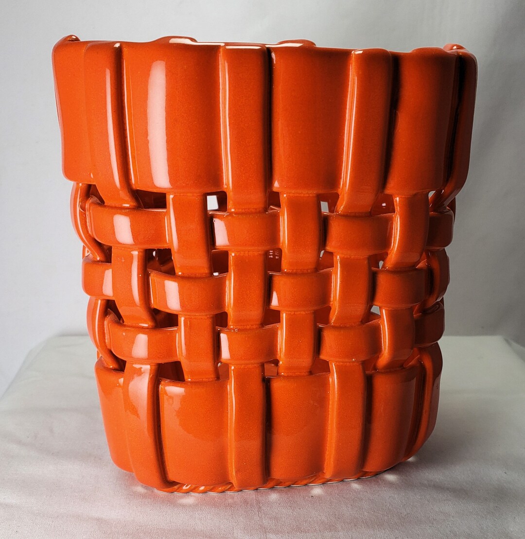 Handmade Orange Ceramic Woven Planter Cache Pot Vintage 1980's Made in ...