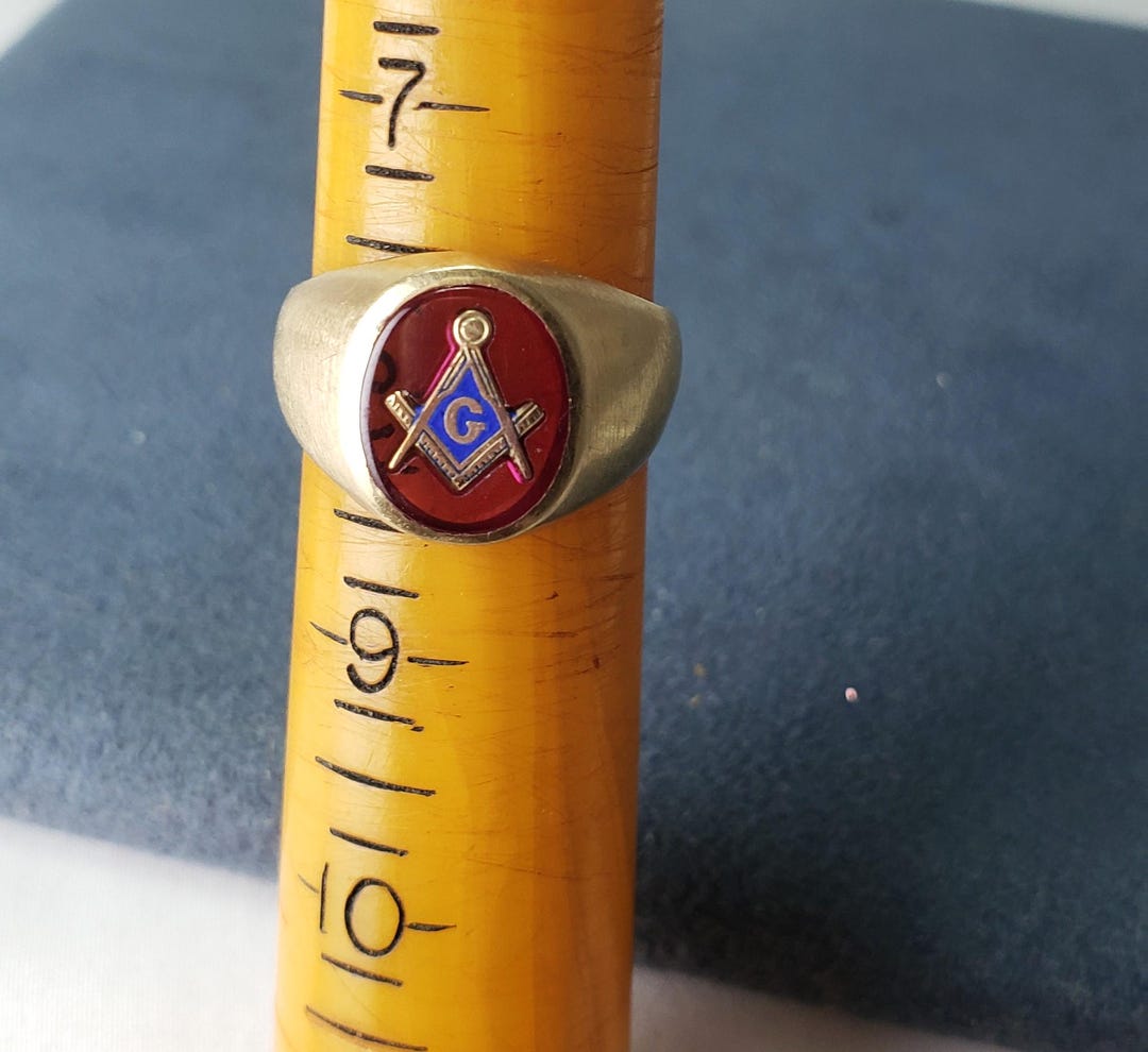 Vintage 14K Gold Masonic Pinky Ring With Ruby Red Glass and Colored ...