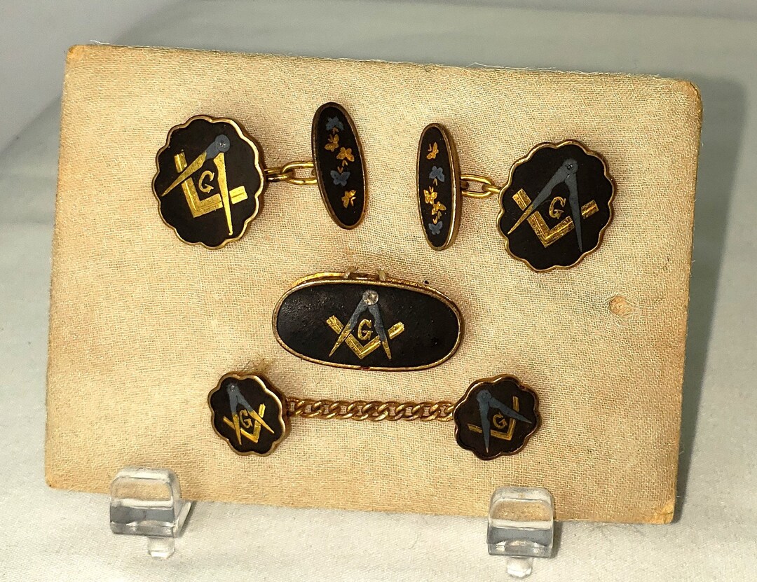 Vintage Damascene Japan Masonic Freemasons Cuff Links Tie Clip Collar ...