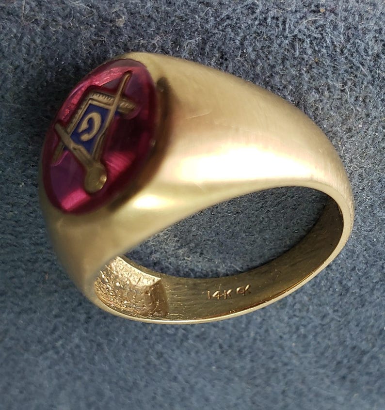 Vintage 14K Gold Masonic Pinky Ring With Ruby Red Glass and Colored ...