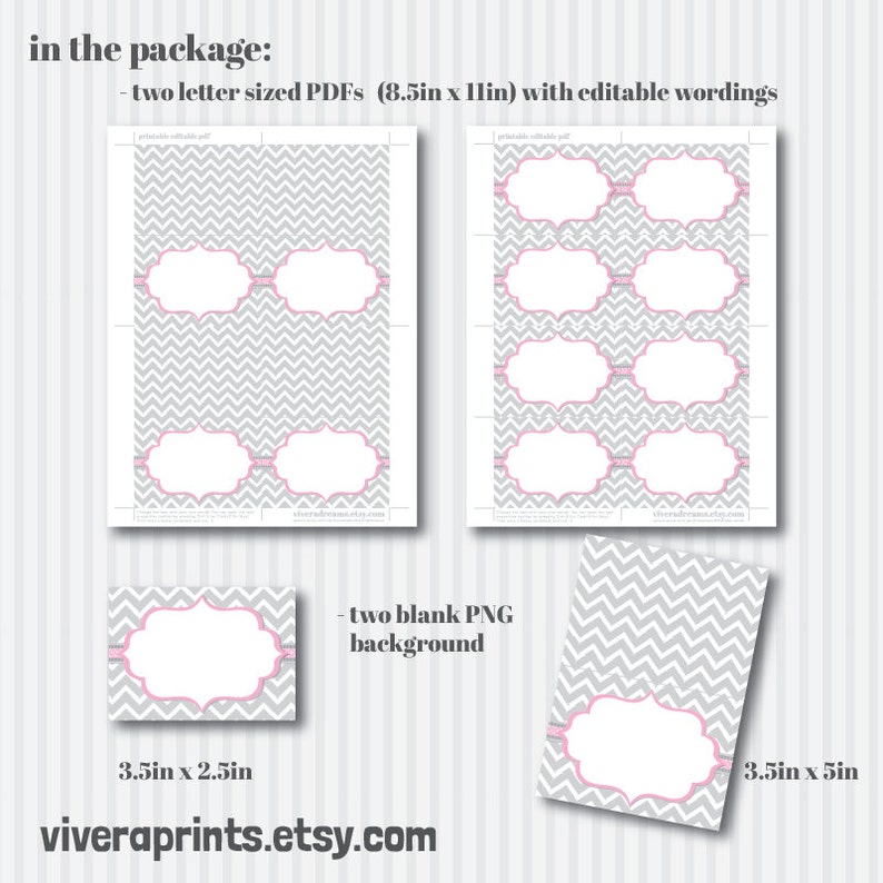 Editable PDF Printable - Grey Chevron and Pink - Label / Sticker / Tent ...