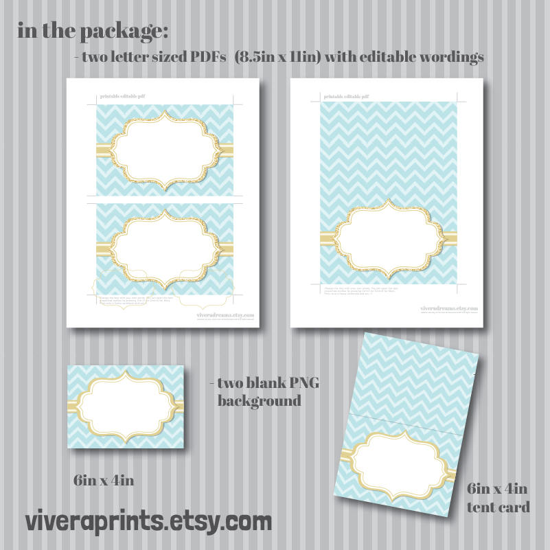 Editable PDF Printable Mint Aqua Chevron and Gold Card / | Etsy