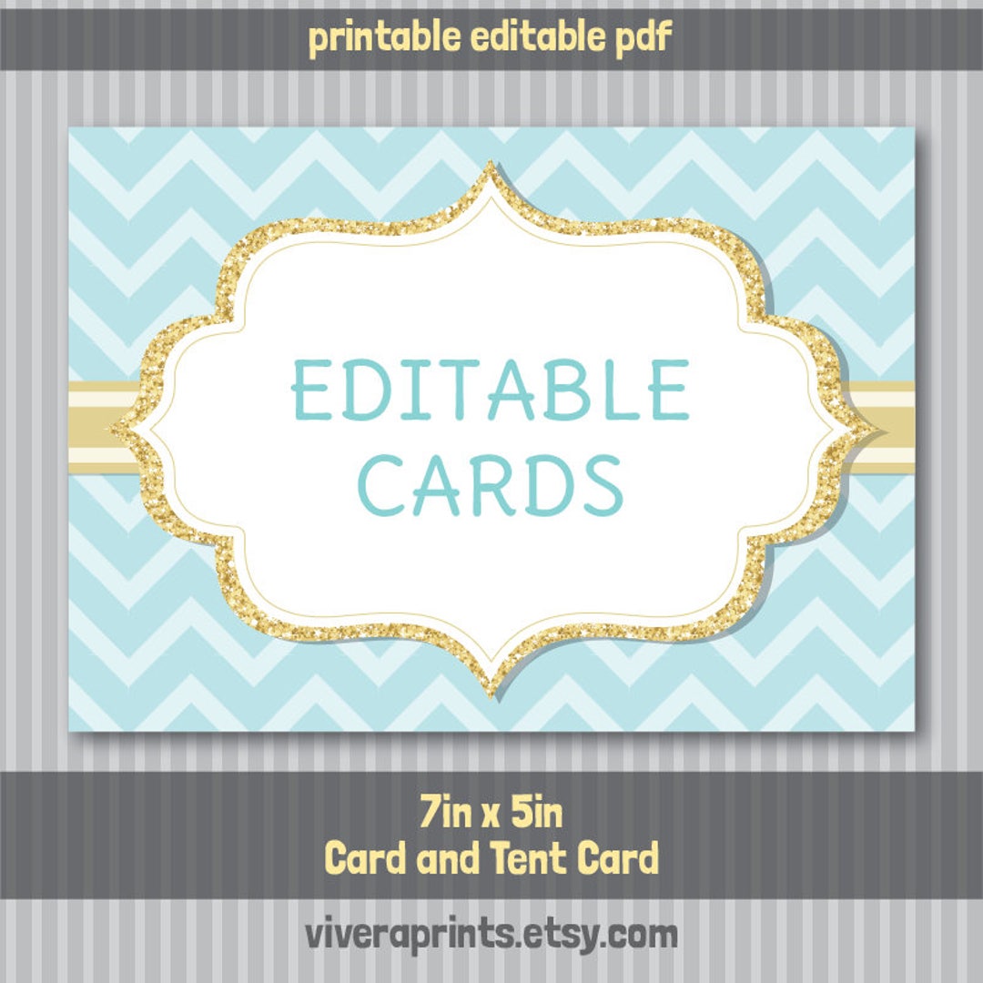 Editable PDF Printable - Mint Aqua Chevron and Gold - Card / Tent Card ...