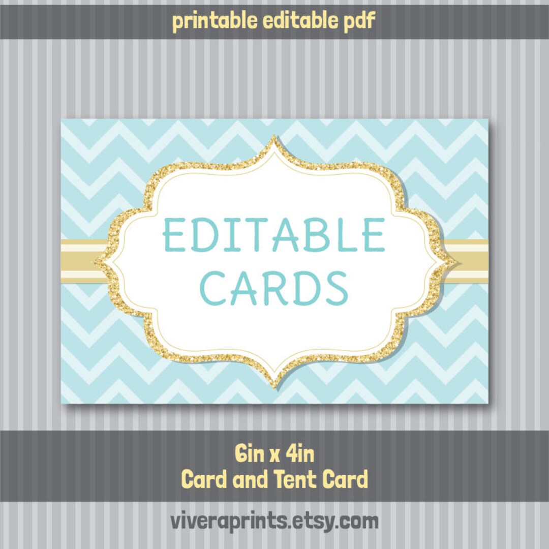 Editable PDF Printable - Mint Aqua Chevron and Gold - Card / Tent Card ...