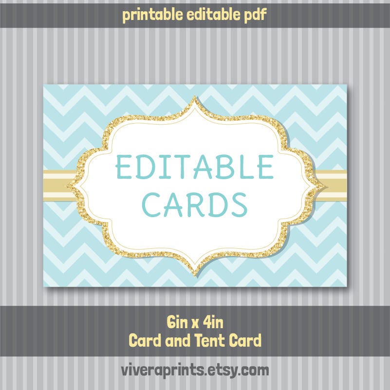 Editable PDF Printable Mint Aqua Chevron and Gold Card / | Etsy