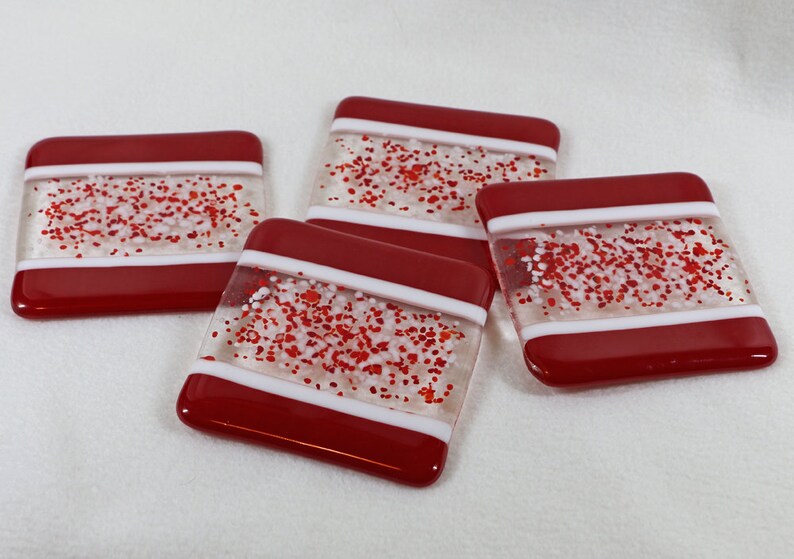 Fused Glass Red and White Coasters. Great Gift. Set of 4. 3 3/4 X 3 3/4 ...