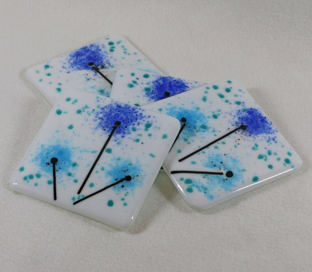 Fused Glass Blue and White Coasters. Great Gift. Set of 4. 3 3/4 X 3 3/ ...