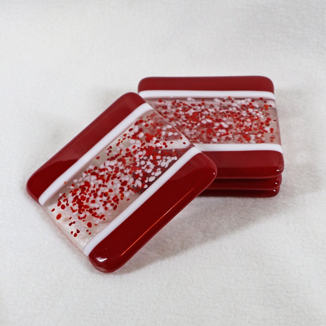 Fused Glass Red and White Coasters. Great Gift. Set of 4. 3 3/4 X 3 3/4 ...