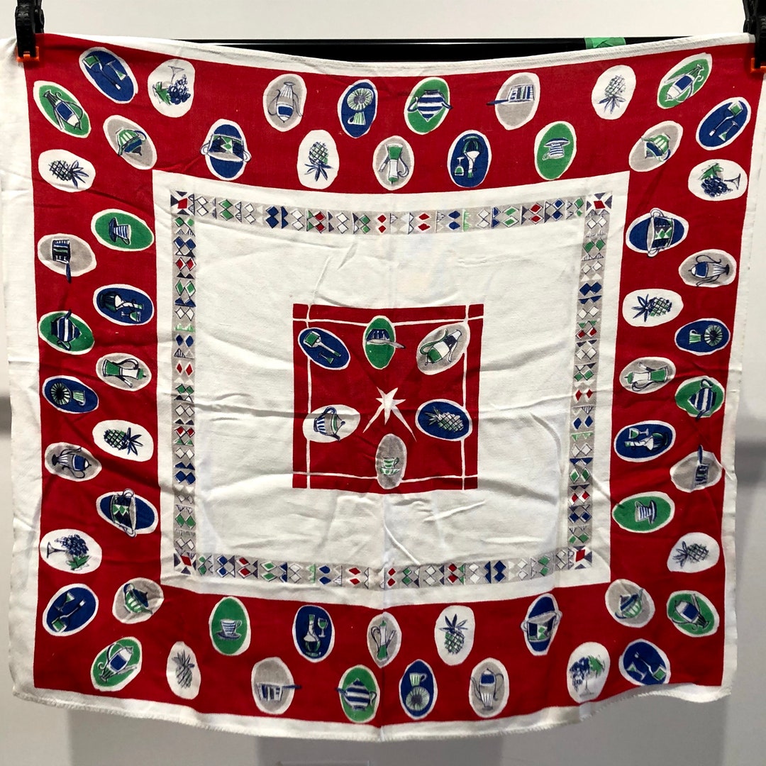 Midcentury Italian Style 1950’s Luncheon Tablecloth 30” X 34” Red With ...
