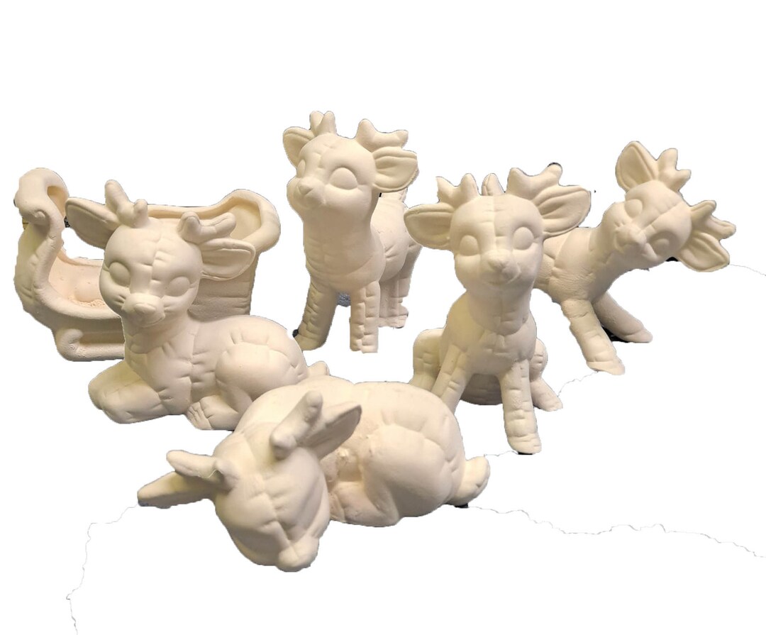 Softy Miniature Reindeer 5" Set of 5 and Sleigh Ceramic Bisque, Ready ...