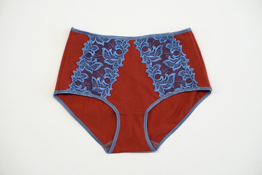 High Waisted Cotton Panties, Rust Red With Blue Lace - Etsy
