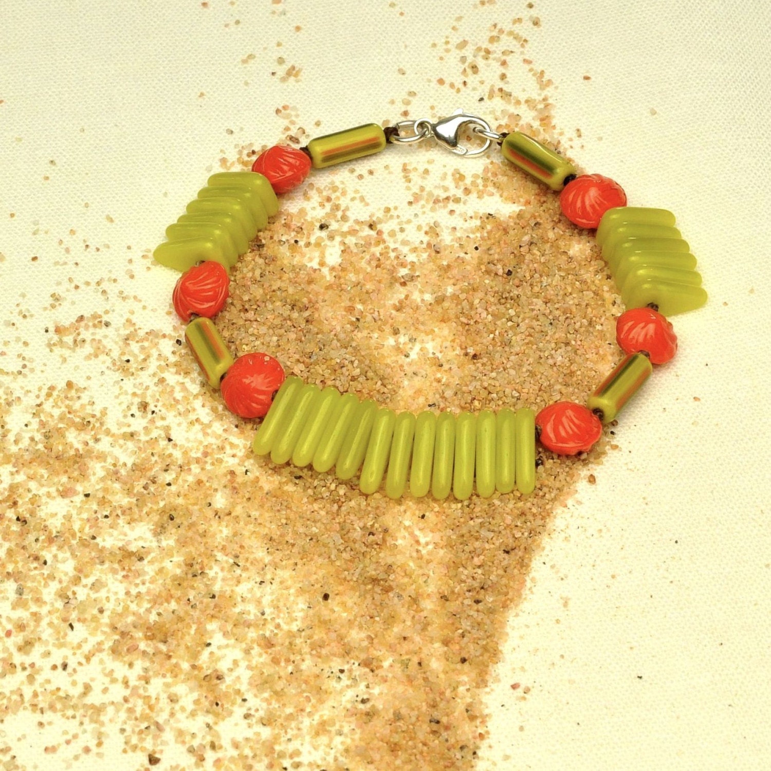 Vintage Orange Seashells and Chartreuse Flags Bracelet - Etsy
