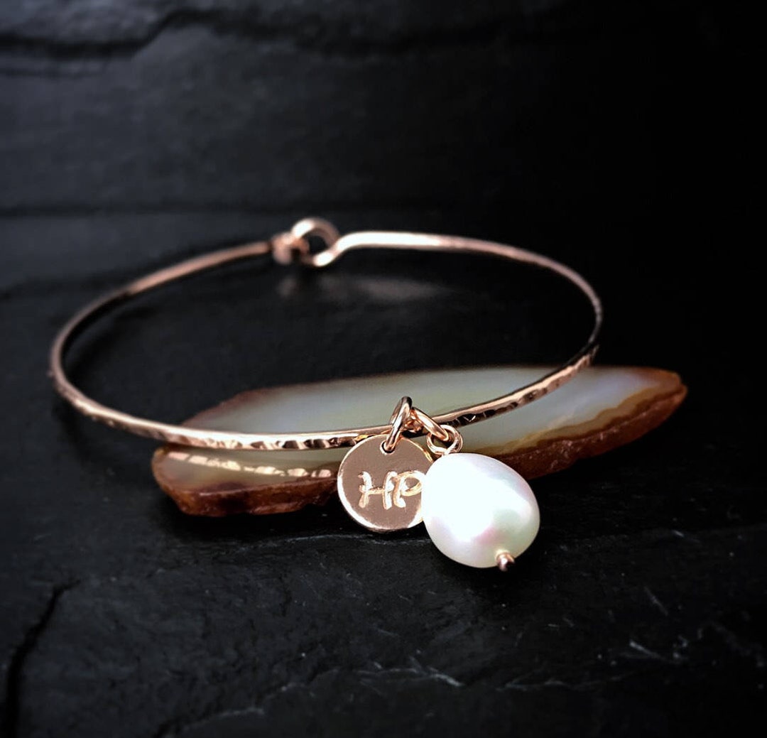 Freshwater Pearl Charmed Bangle | Personalized June Birthstone Gift for ...