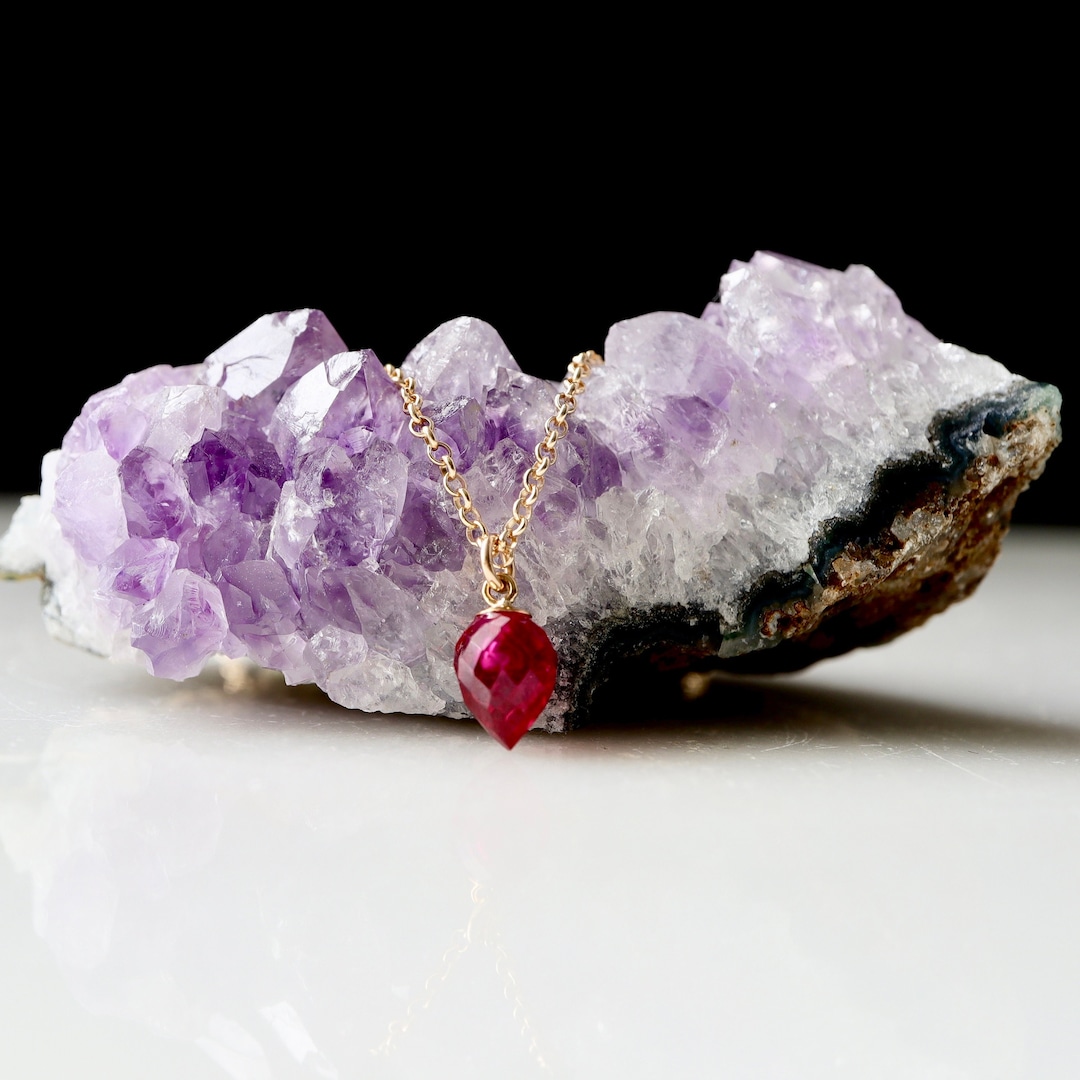Tiny Ruby Inverted Teardrop Necklace | 14kt Gold Filled or Sterling ...