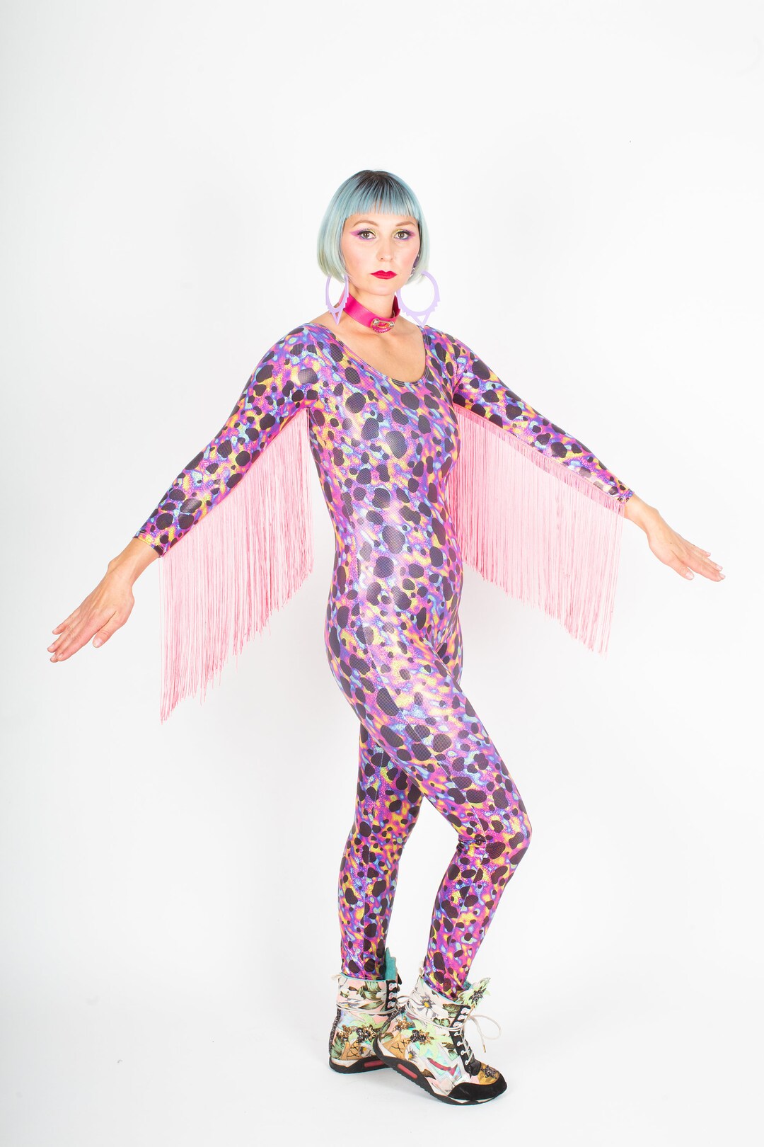 Stunning Holographic Catsuit With Long Pink Fringing - Etsy